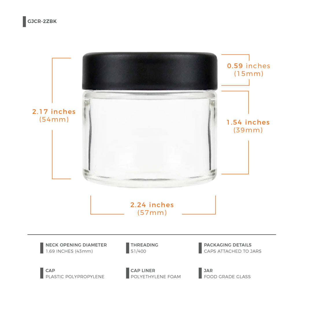 2oz Child Resistant Glass Jars With Black Caps - 3.5 Grams - 200 Count ...